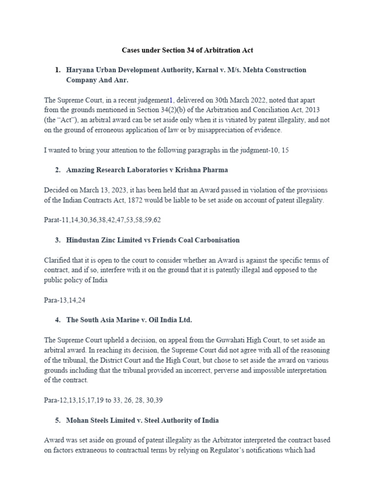 Cases Under Section 34 of Arbitration Act | PDF