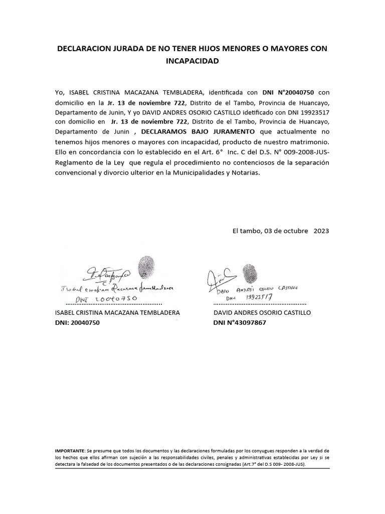 Declaracion Jurada de No Tener Hijos Menores o Mayores Con Incapacidad | PDF