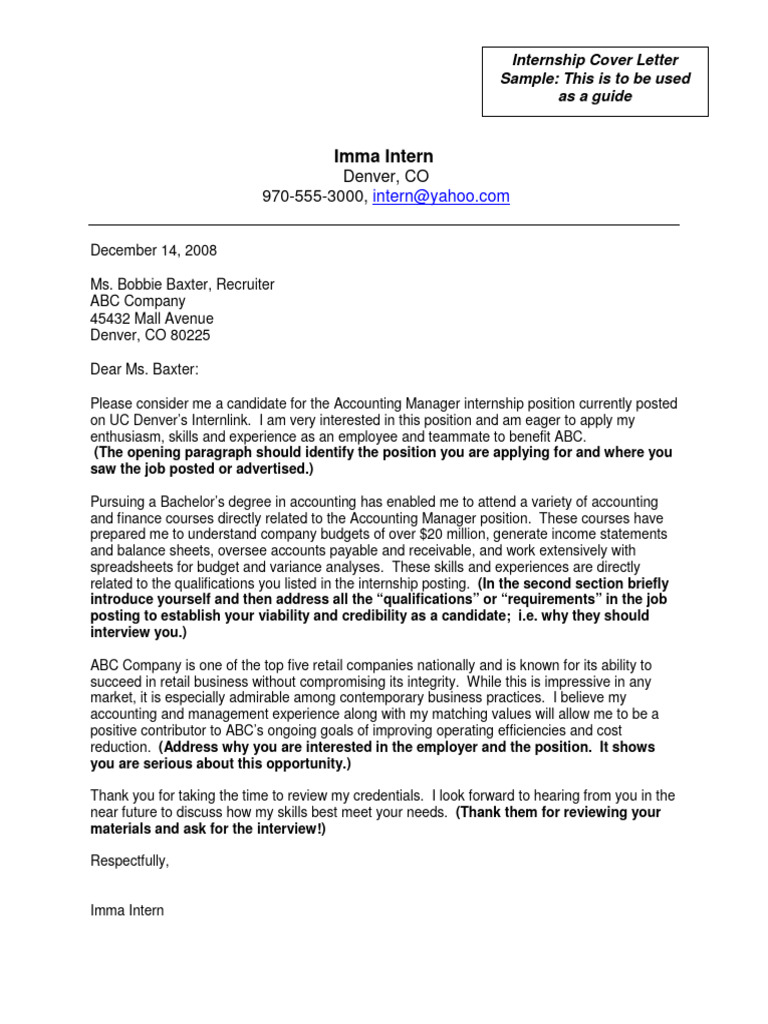 Accounting Internship Cover Letter Sample | PDF | Internship | Job Hunting