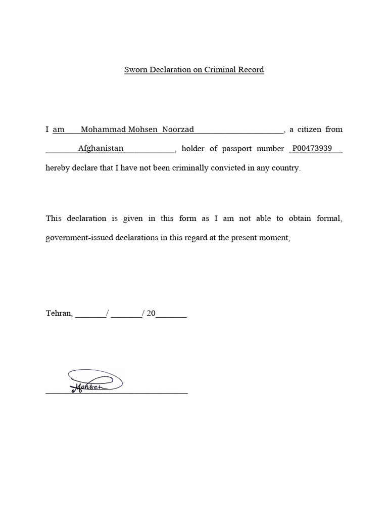 Sample Sworn Declaration of No Criminal Record | PDF