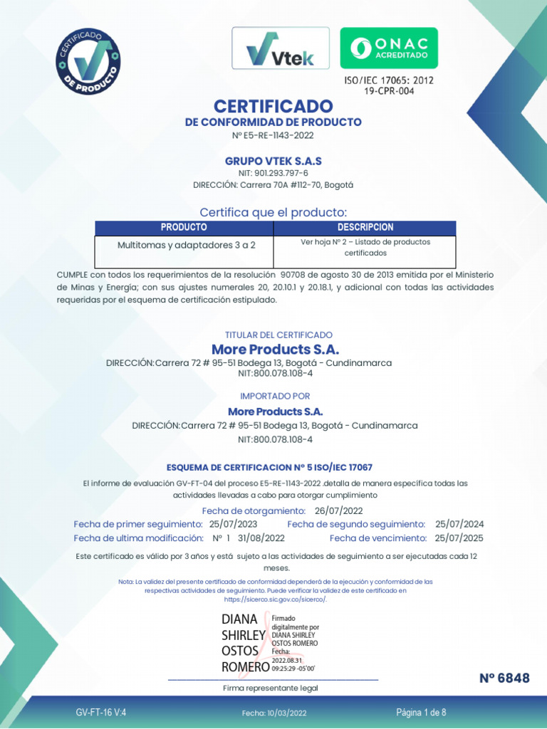 Certificado: de Conformidad de Producto Grupo Vtek S.A.S | PDF
