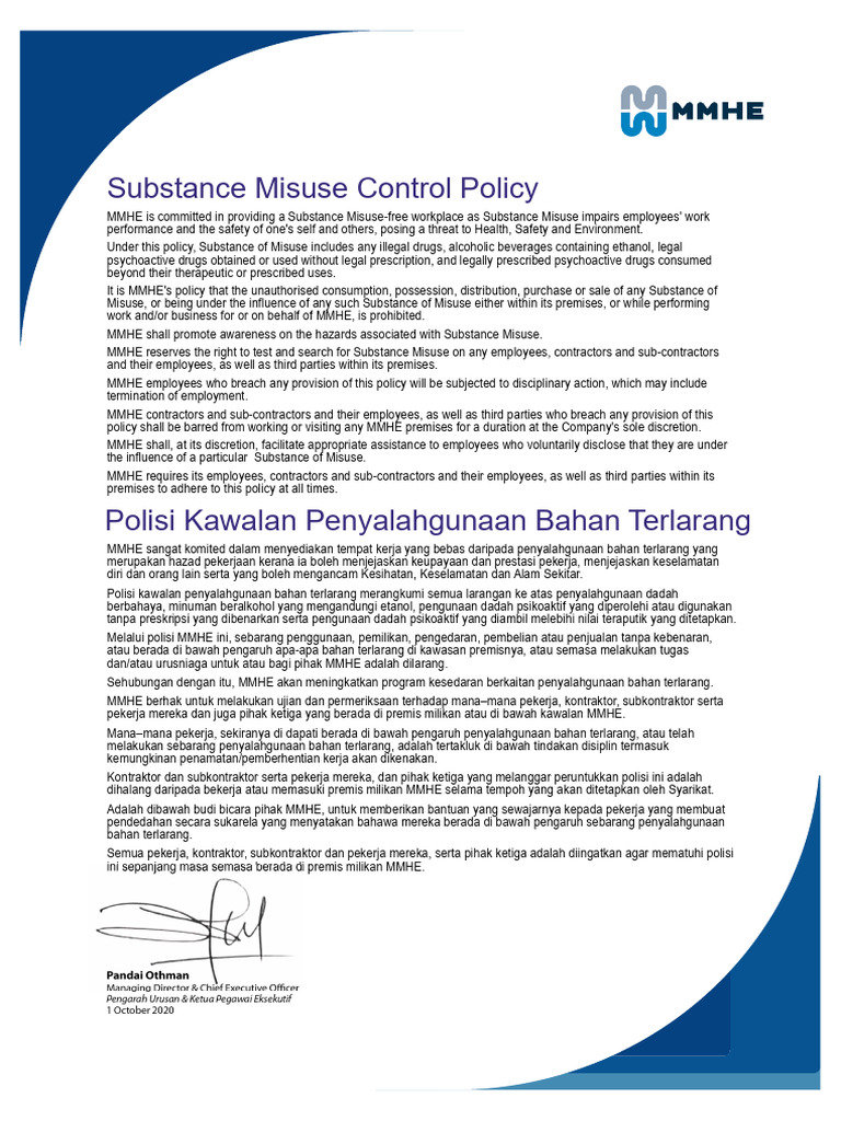 03 On Boarding MMHE Substance Misuse Control Policy | PDF
