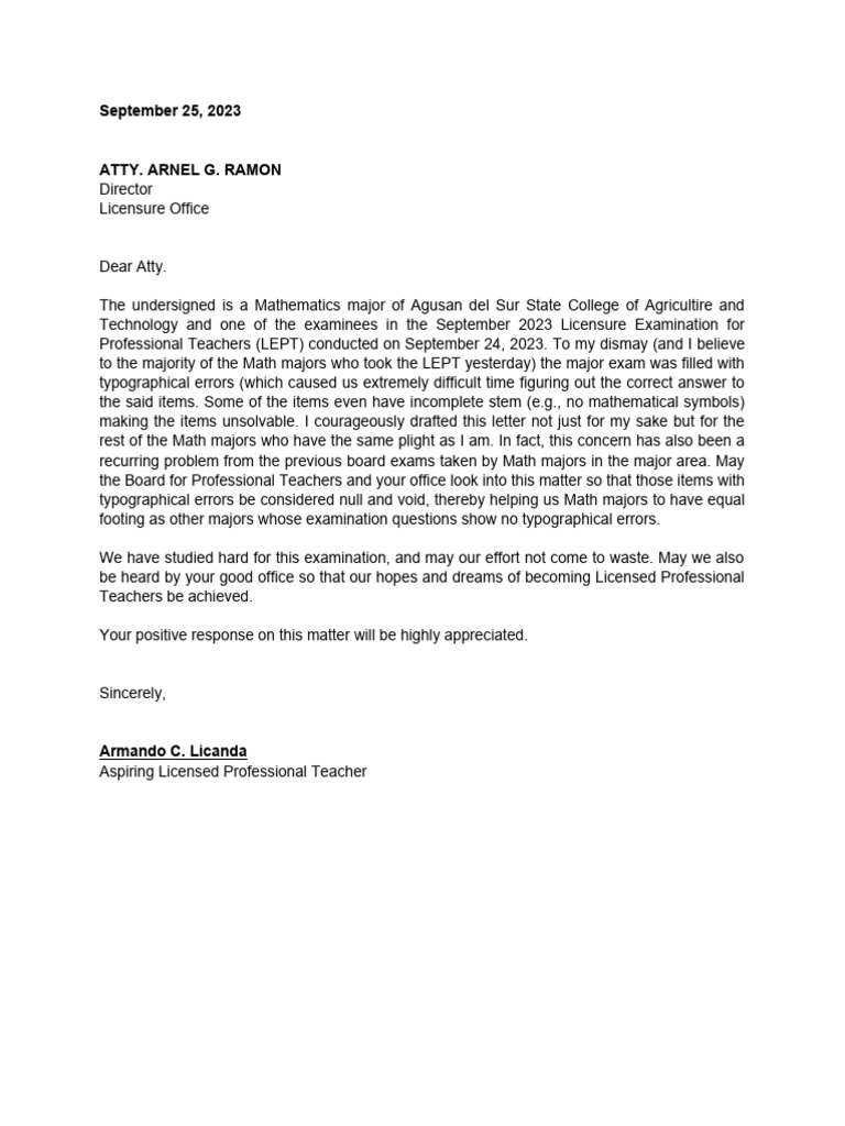 PRC Complaint Letter Math Major | PDF