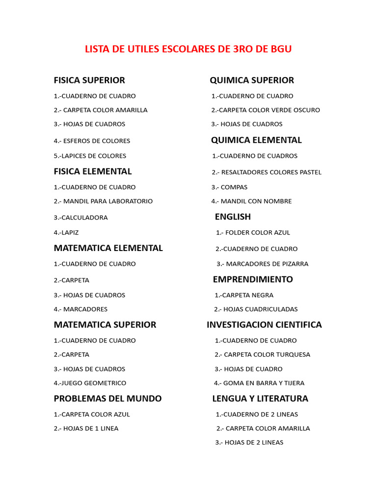 Lista de Utiles Escolares de 3ro de Bgu | PDF