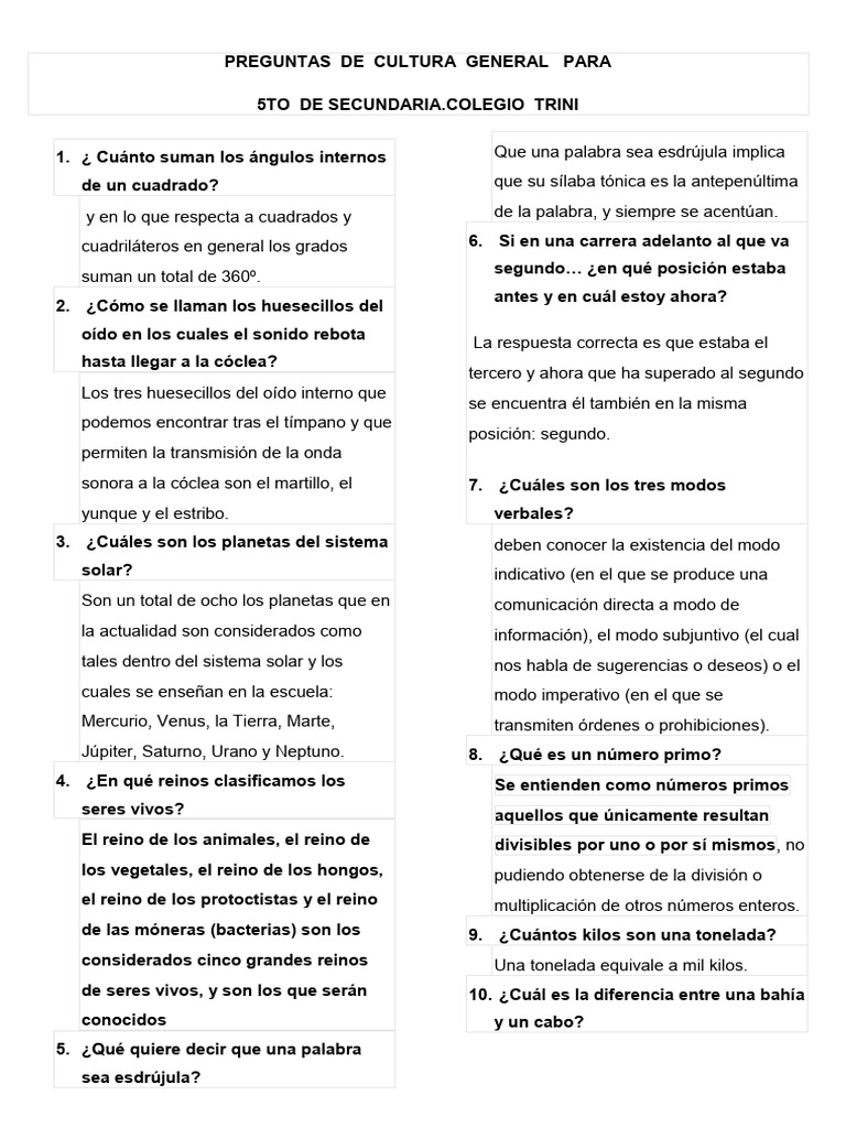 Preguntas de Cultura General para Secundaria | PDF | España | Humano