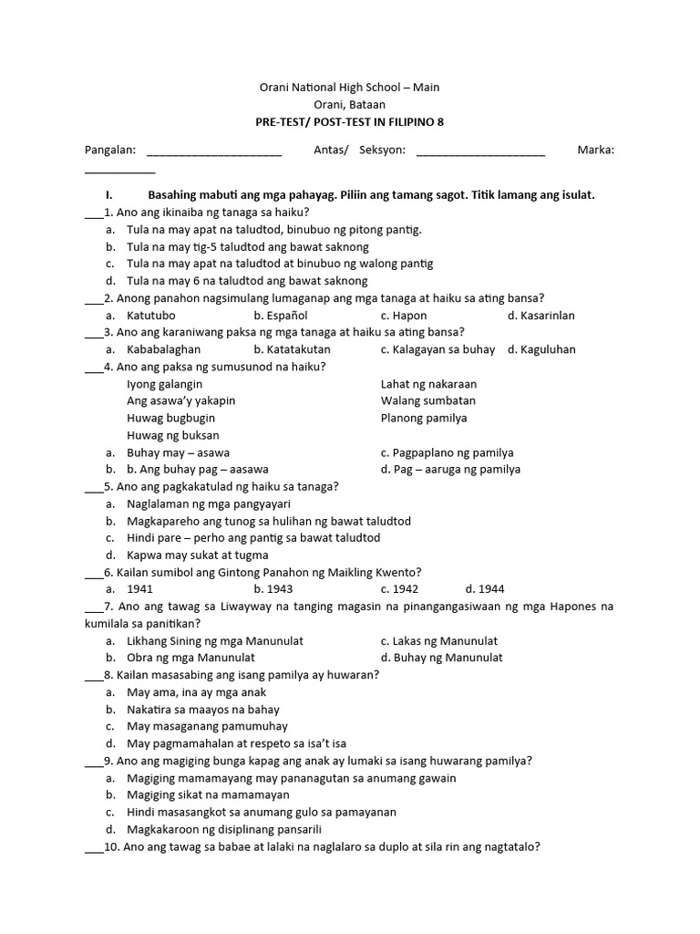 Pre Test and Post Test Filipino 8 | PDF