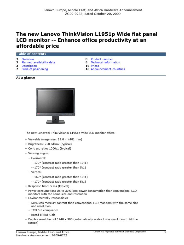 Spesifikasi Monitor Lenovo L1951p | PDF | Computer Monitor | Display Resolution