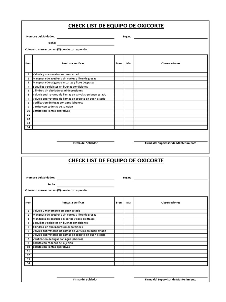 Check List de Equipo de Oxicorte | PDF Check List de Equipo de Oxicorte | PDF