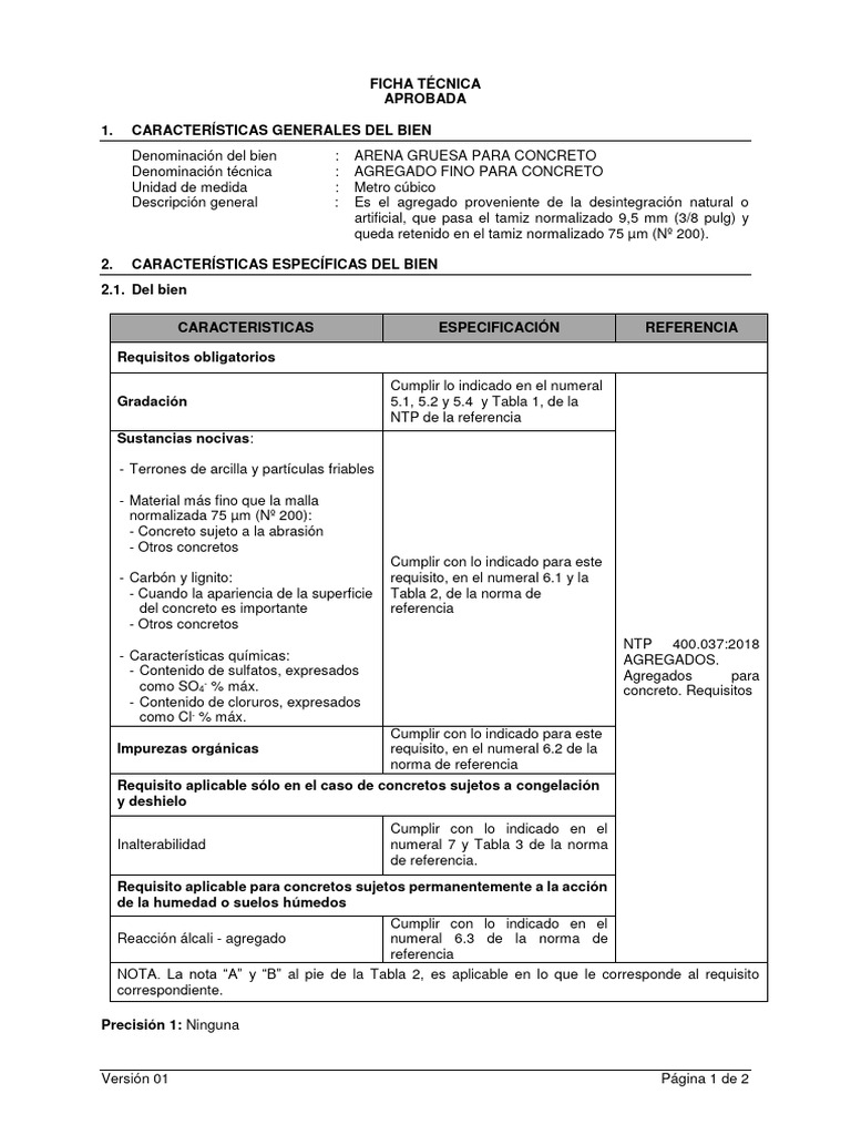 Ficha Tecnica Arena Gruesa PDF | Descargar gratis PDF | Hormigón | Ciencias fisicas