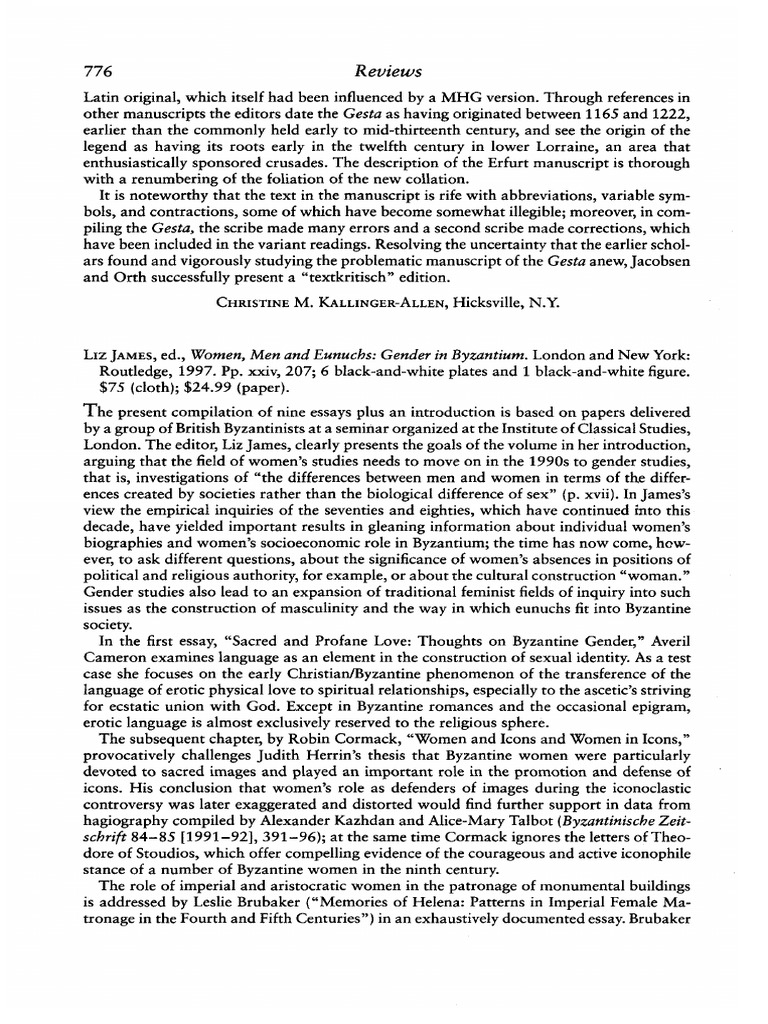 Women, Men and Eunuchs - Gender in Byzantium. (Speculum, Vol. 74, Issue ...