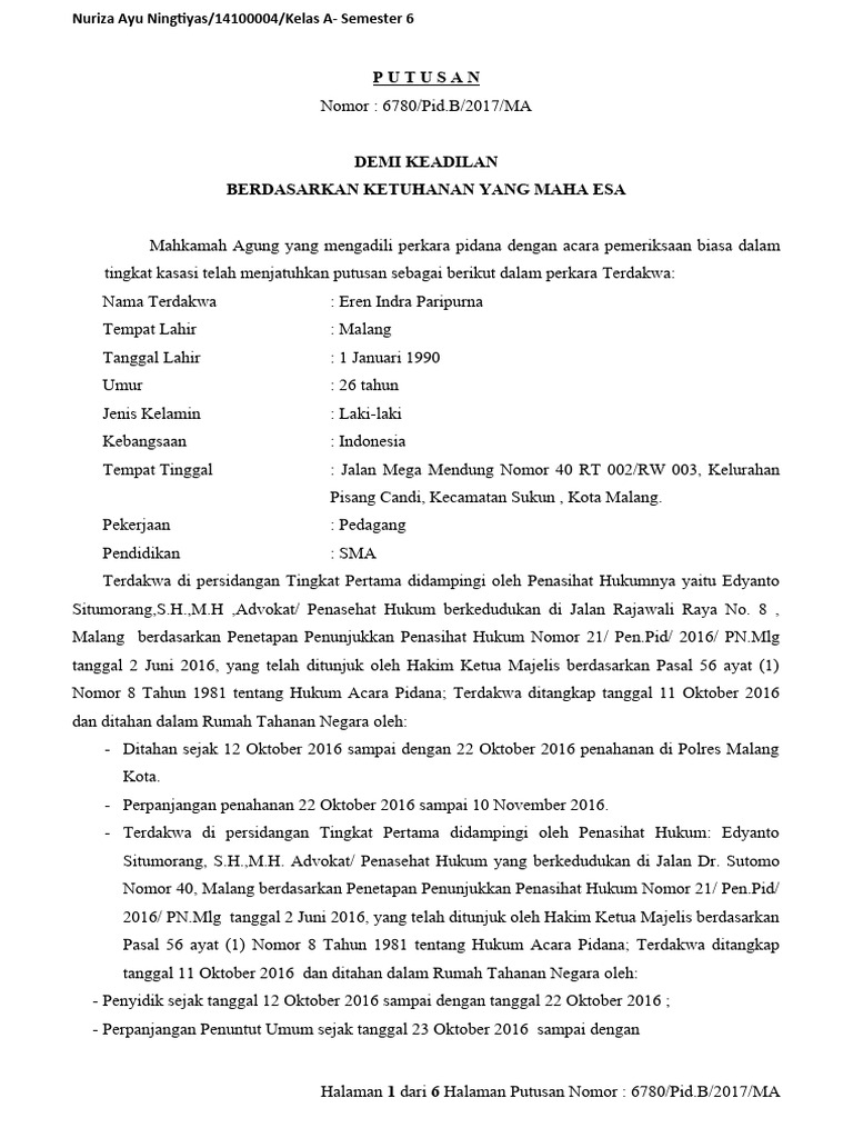 Contoh Putusan Kasasi PIDANA | PDF