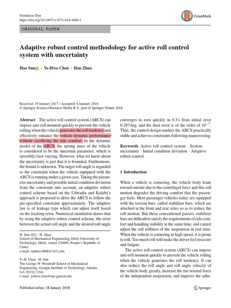 Adaptive Robust Control Methodology For Active Roll Control | PDF ...