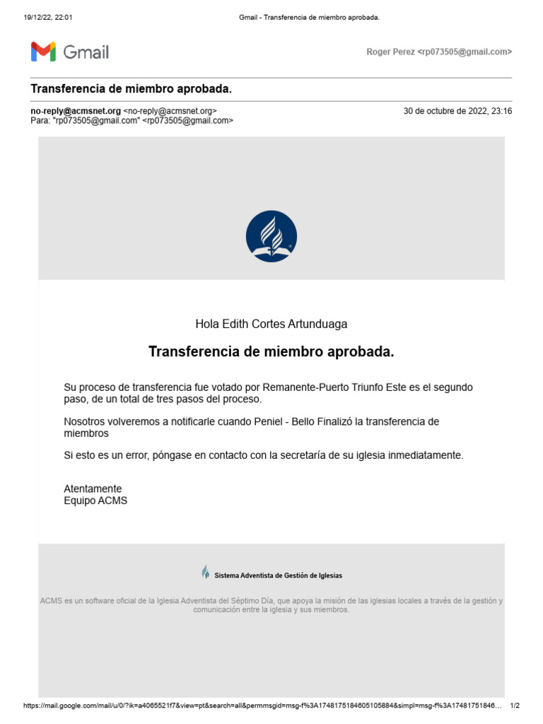 Gmail - Transferencia de Miembro Aprobada - Miembro Adventista Edith ...
