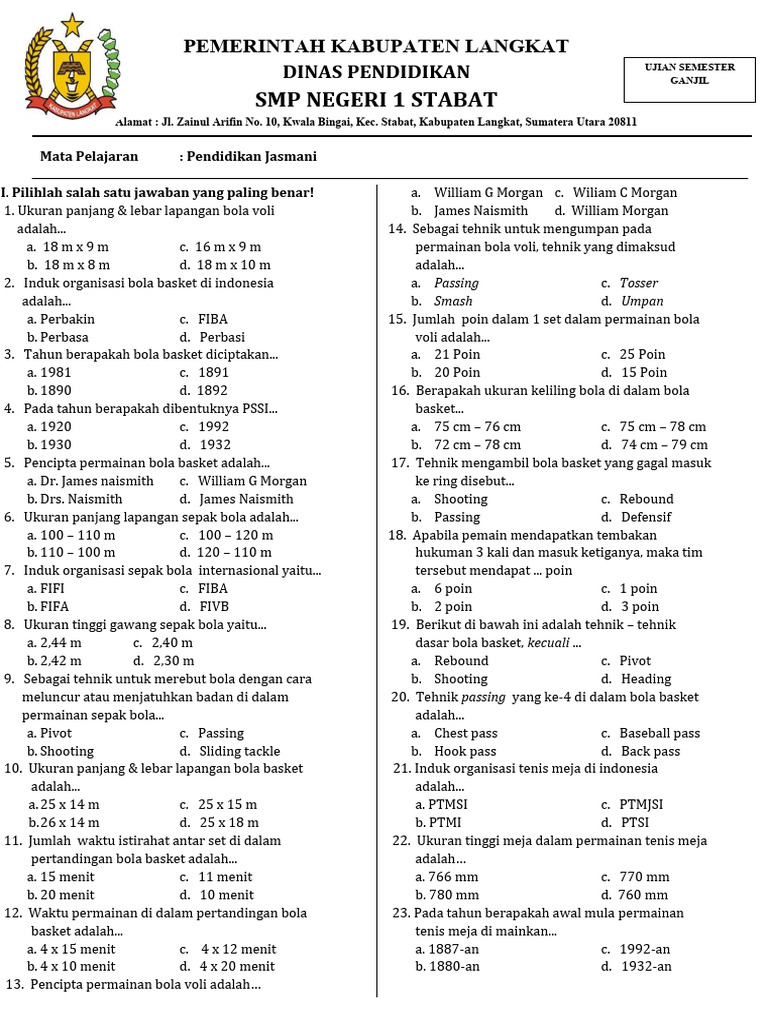 Soal Ujian Semester I Kelas Ix SMP Negeri 1 Stabat | PDF