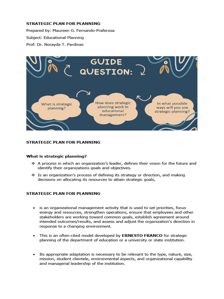 STRATEGIC PLAN FOR PLANNING - Handouts | PDF