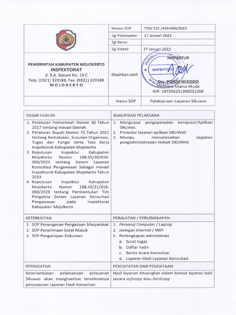 SOP Layanan SIKUWAS Inspektorat 2023 | PDF
