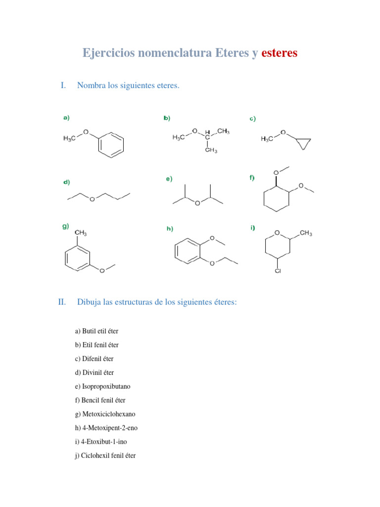 Ejercicios Nomenclatura Eteres y Esteres | PDF