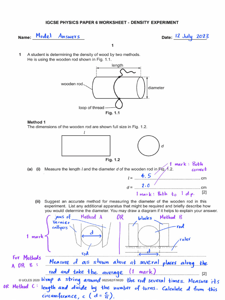 Model Answers - IGCSE Physics Paper 6 Worksheet - Density Experiment | PDF