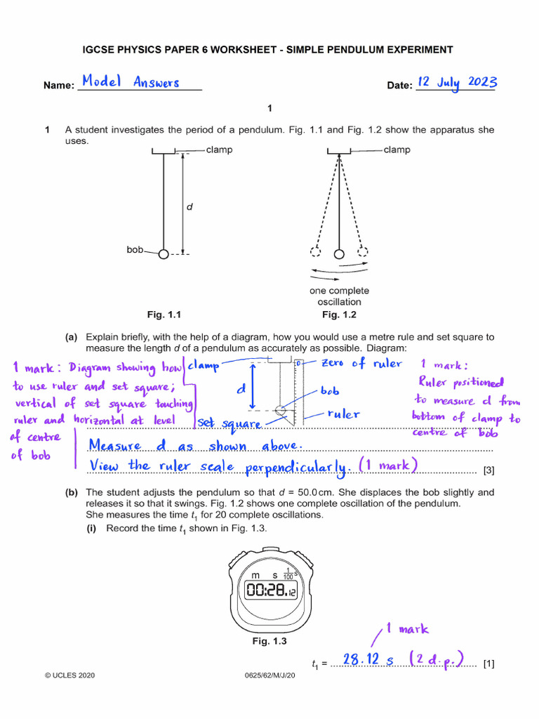 Model Answers - IGCSE Physics Paper 6 Worksheet - Simple Pendulum Experiment | PDF