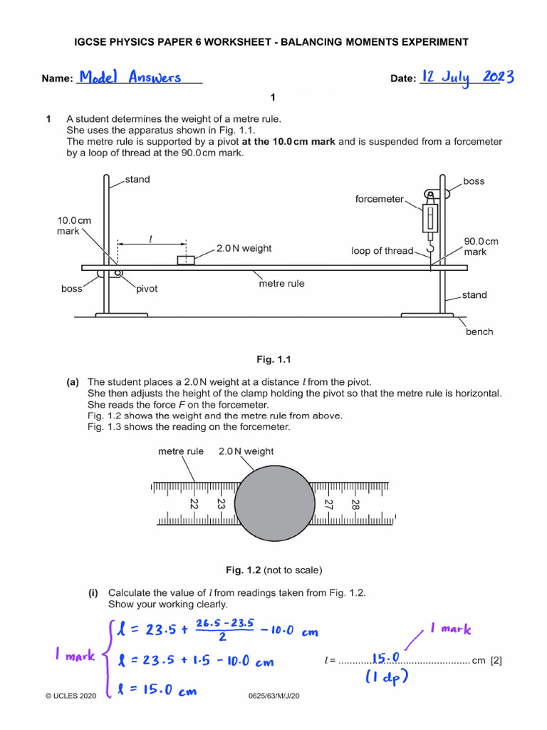 Model Answers - IGCSE Physics Paper 6 Worksheet - Balancing Moments ...