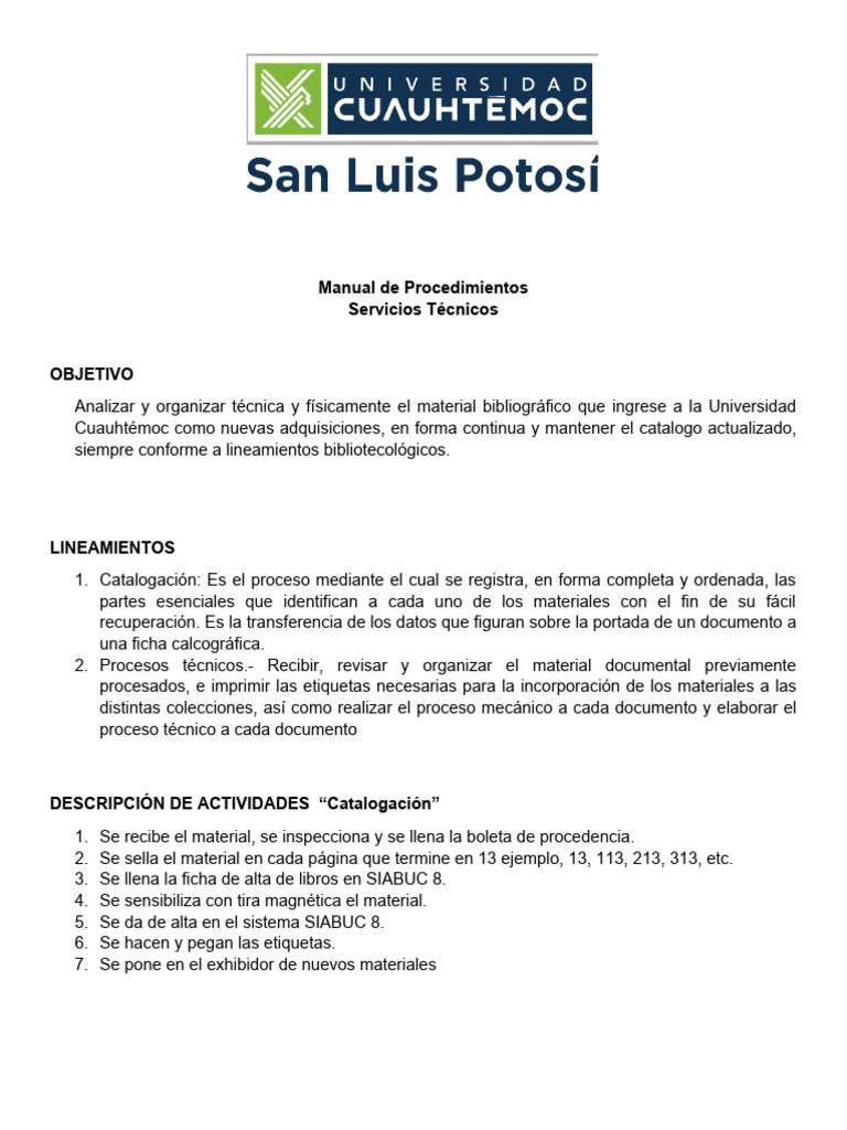 Manual De Procedimientos De La Biblioteca Pdf Bibliografía