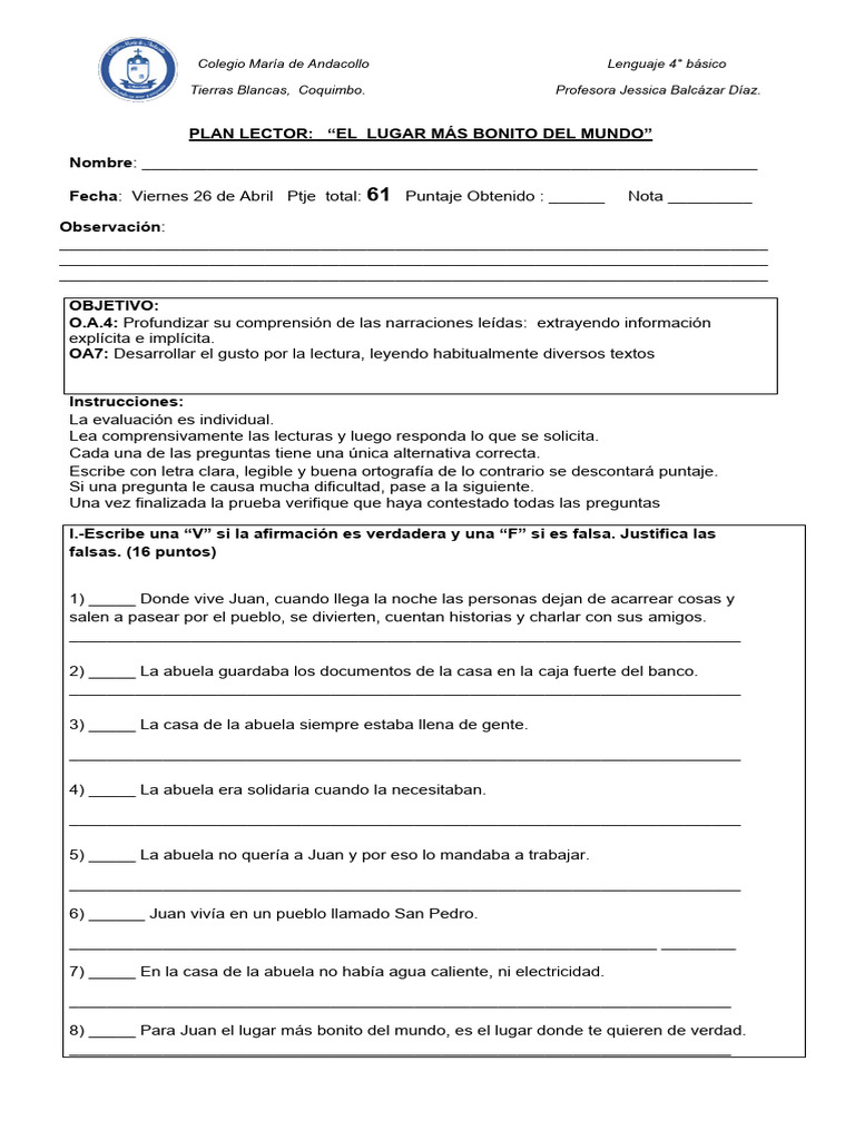 Prueba Plan Lector 4° | PDF