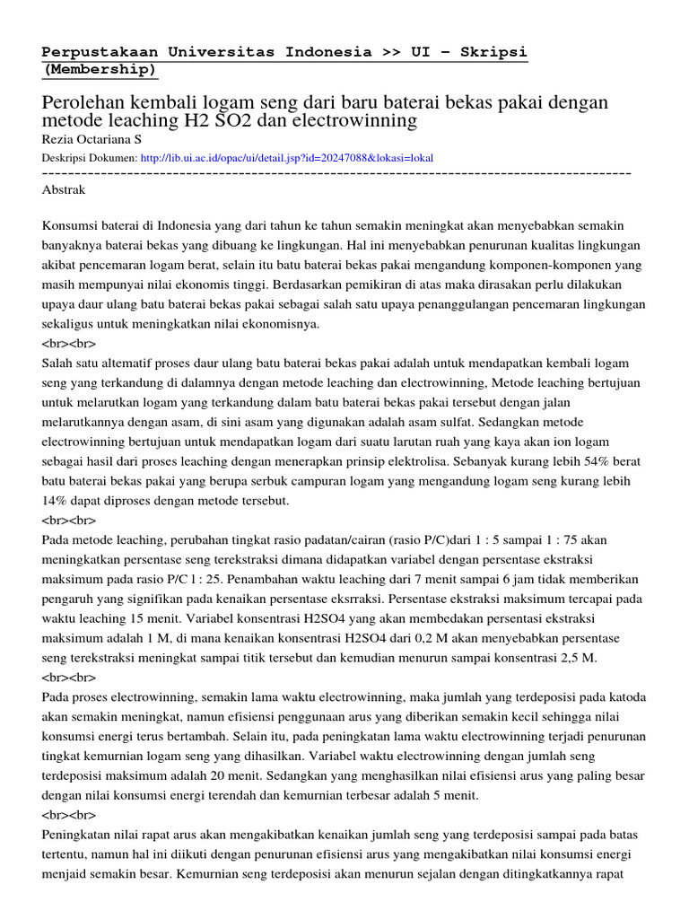 Perolehan Kembali Logam Seng Dari Batu Baterai Bekas Pakai Dengan Metode Leaching H2 SO2 Dan ...