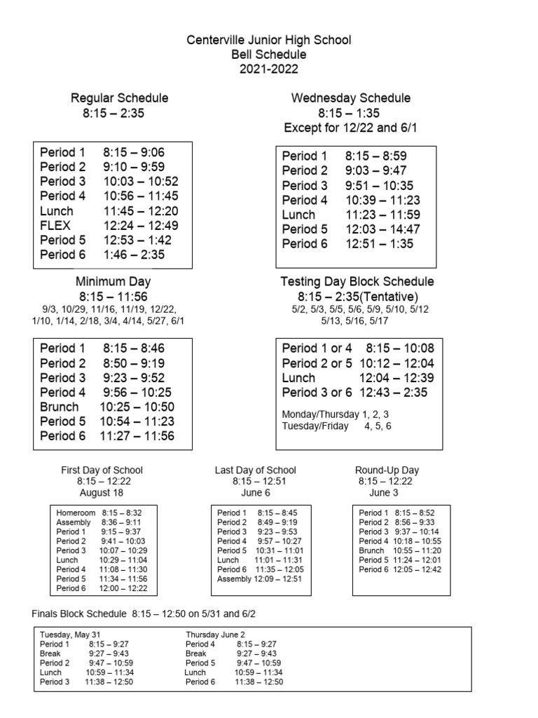 Centerville Junior High School Bell Schedule | PDF