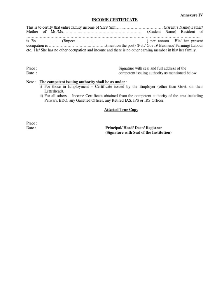 Income Certificate - Annexure IV | PDF