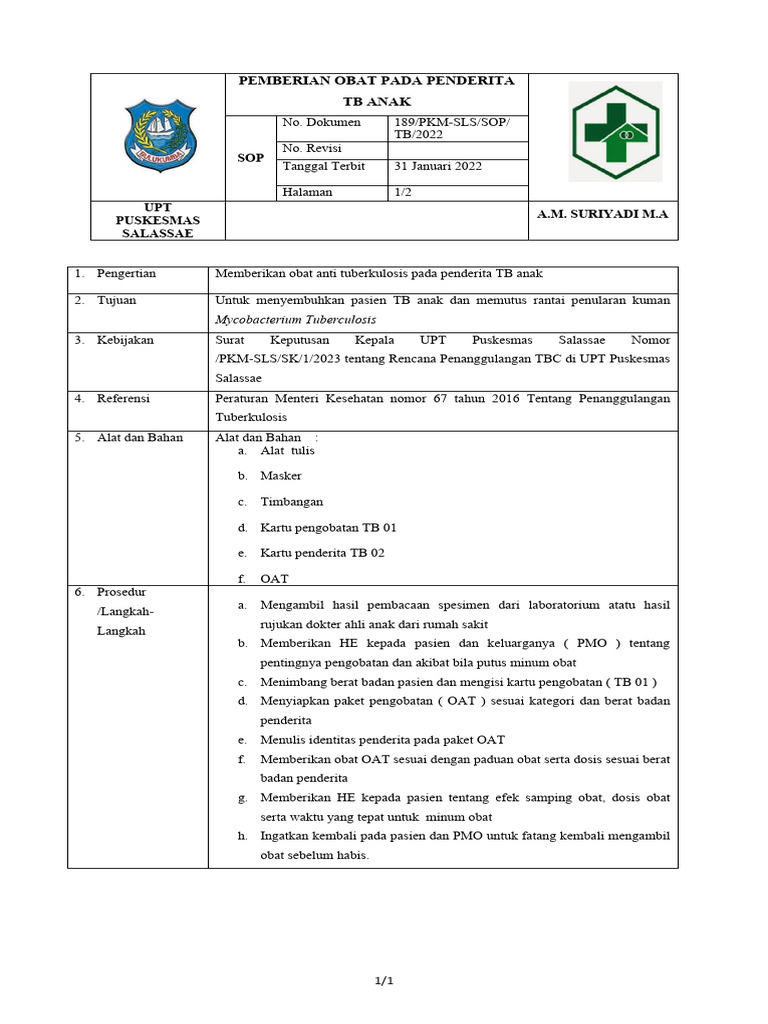 Sop Pemberian Oat Pada Penderita TB Anak | PDF | Pengembangan Diri | Kesehatan Holistik