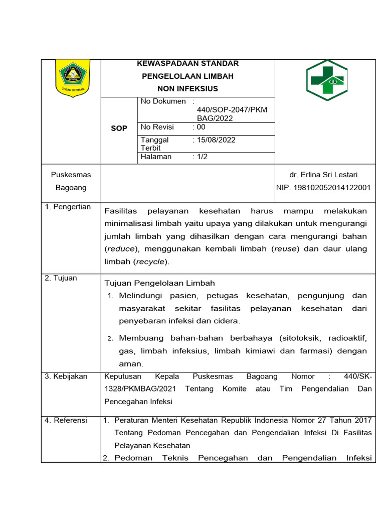 Sop Pengelolaan Limbah Non Infeksius | PDF | Kesehatan Holistik