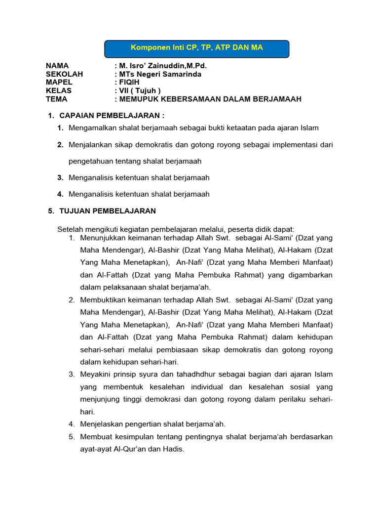 Modul Ajar Fikih 7 Memupuk Kebersamaan Dalam Berjama'ah | PDF