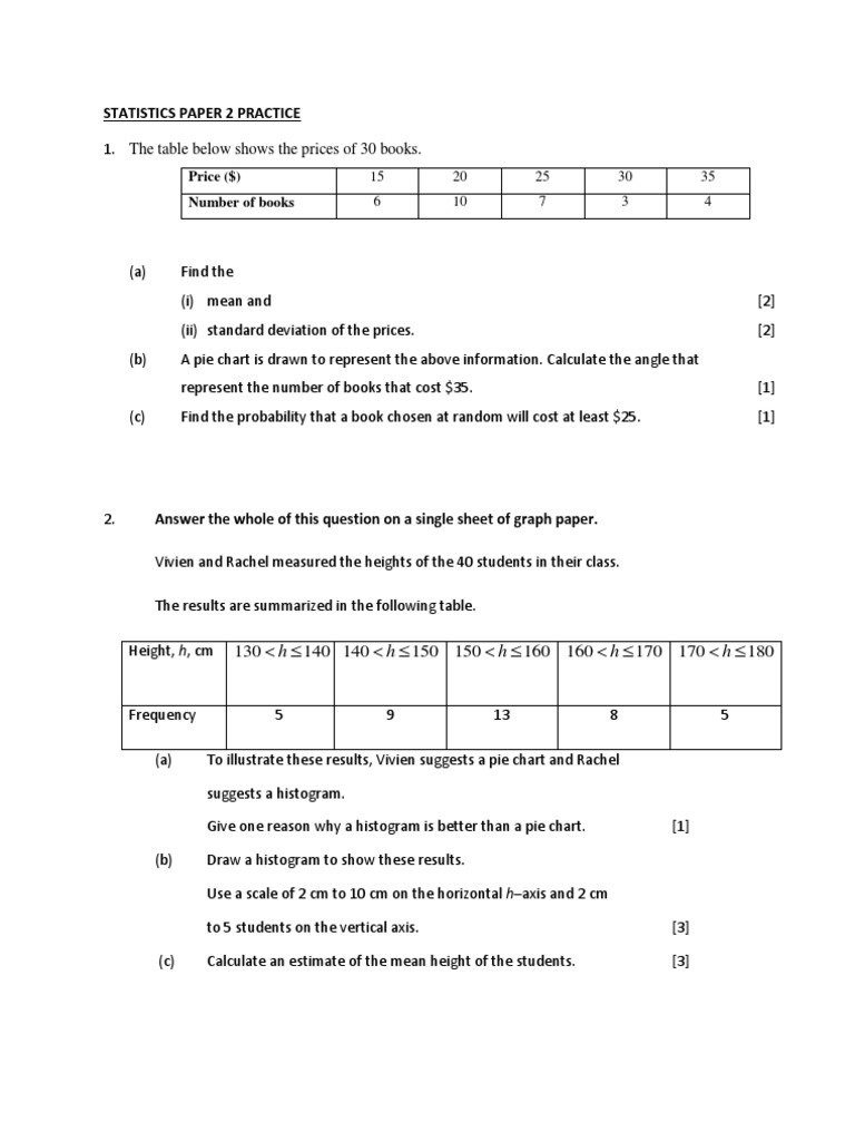 Statistics Paper 2 Practice: Price ($) Number of Books | PDF ...