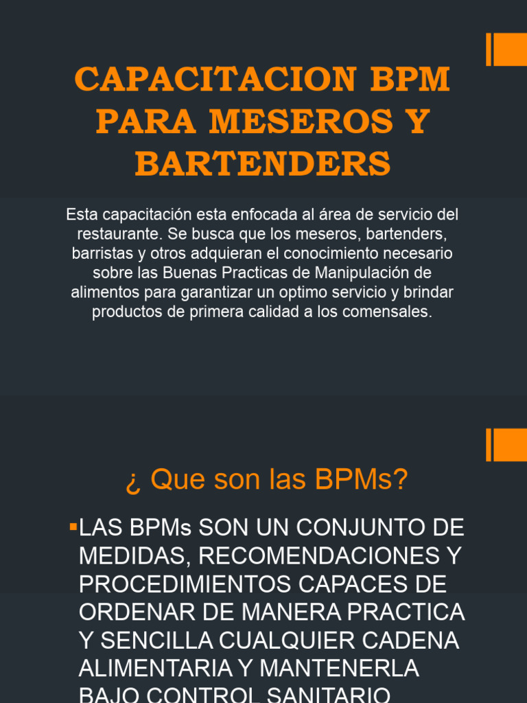 Capacitación BPM para Meseros y Bartenders | PDF | Lavado de manos | Alimentos