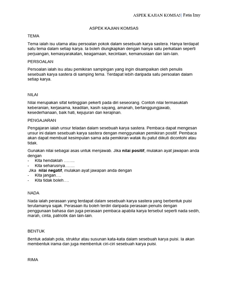 Aspek Kajian Komsas | PDF