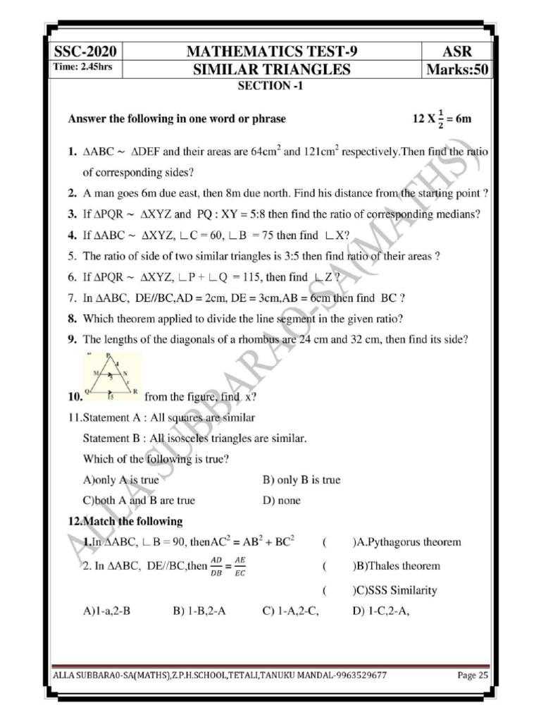 Ssc 2020 Maths Test Papers All Topics 8. SIMILAR TRIANGLES 2 (1) | PDF