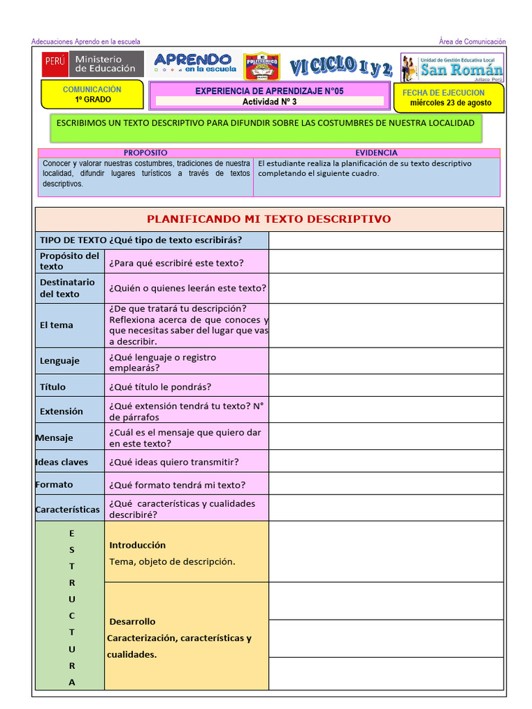 Eda 5 Actvidad 3 Planificamos y Escribimos Un Texto Descriptivo - Vi Ciclo 1º Secundaria 2023 ...