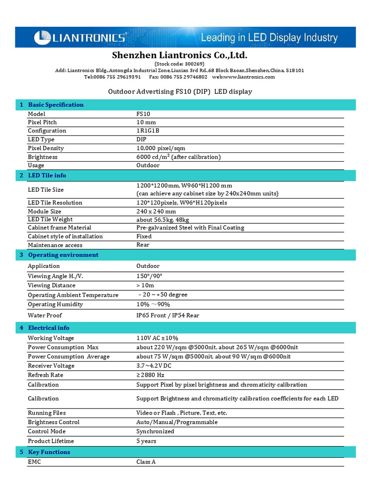 Outdoor FS10 LED Display Specifications | PDF | Home & Garden