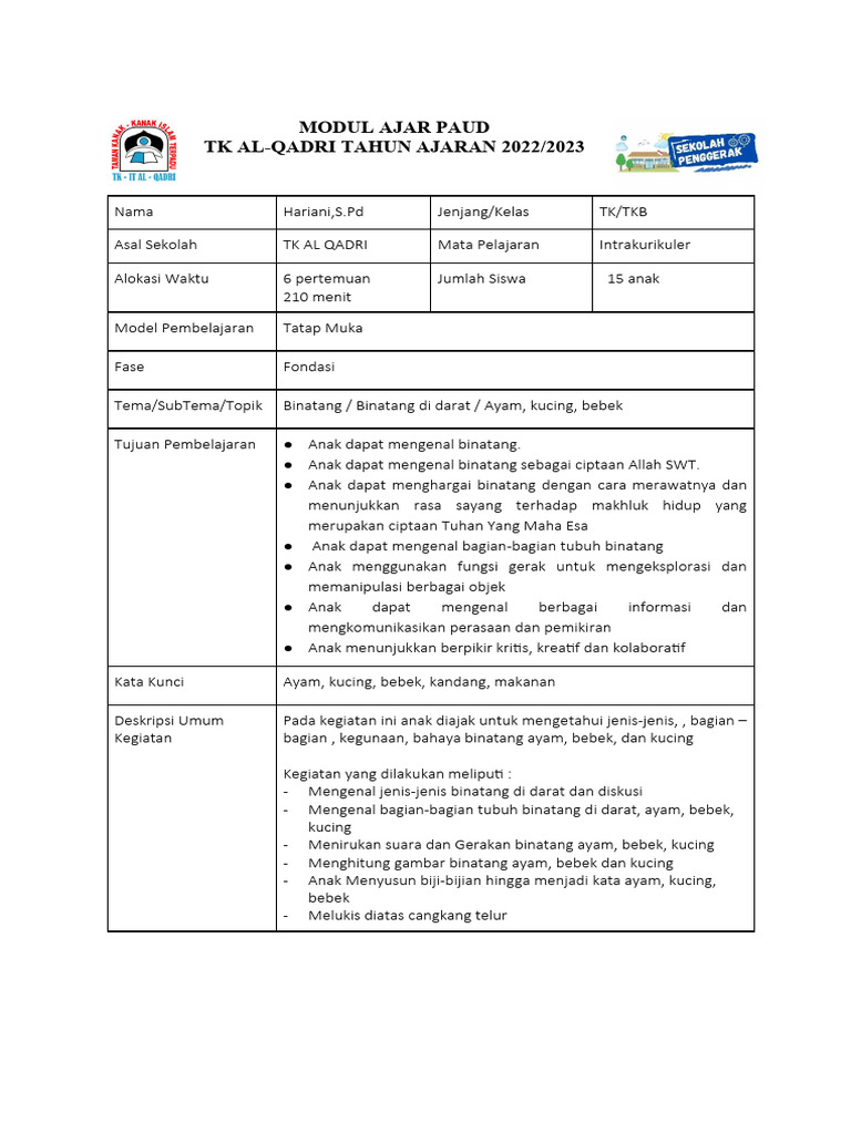 Modul Ajar Binatang Darat untuk PAUD | PDF | Seni & Disiplin Bahasa ...