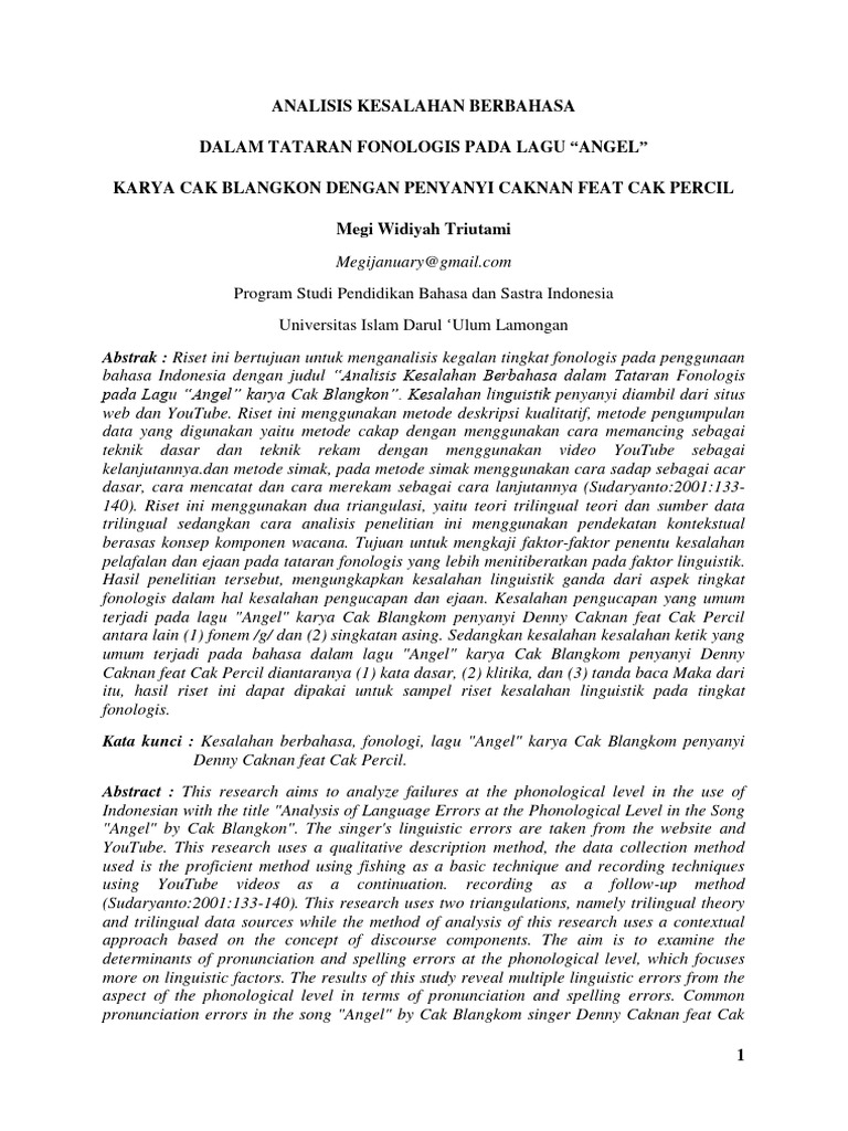 Analisis Kesalahan Berbahasa Dalam Tataran Fonologis Pada LAGU "ANGEL" KARYA CAK BLANGKON | PDF ...