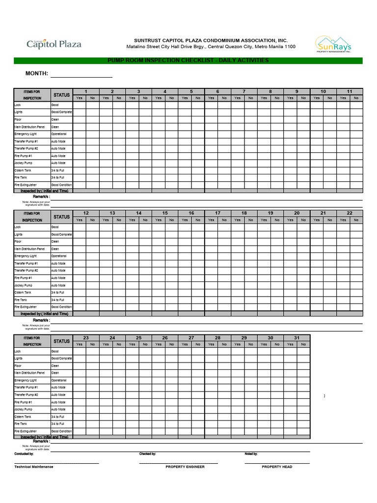 Pump Room Checklist | PDF