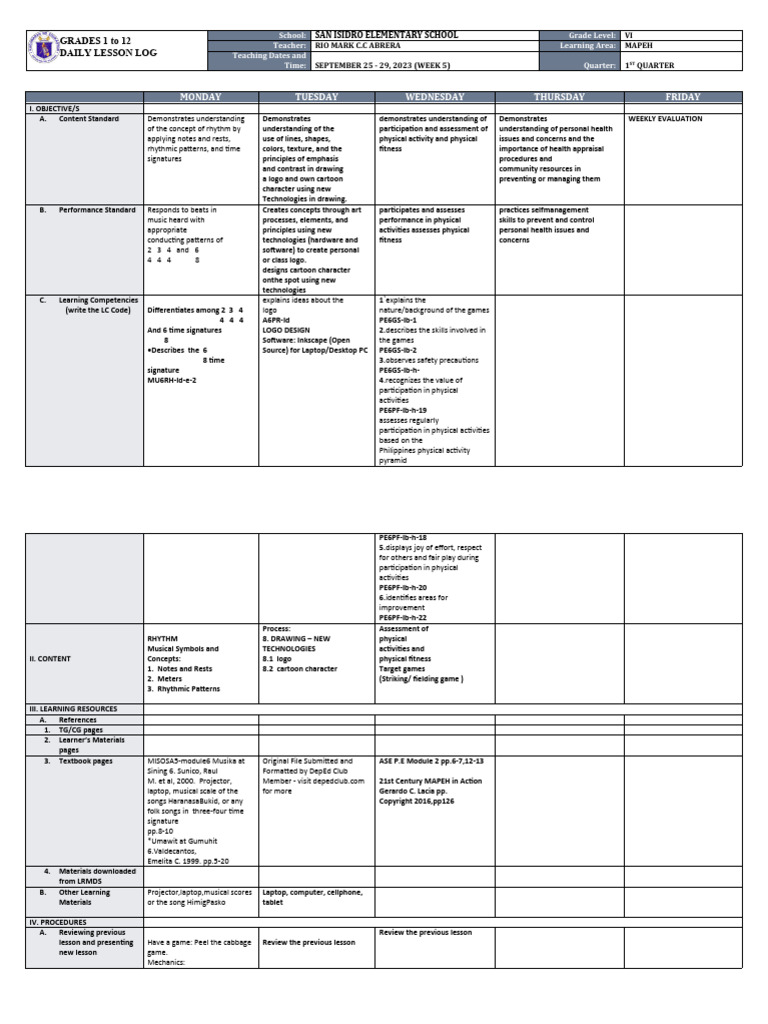DLL Mapeh-6 Q1 W5 | PDF | Learning | Rhythm