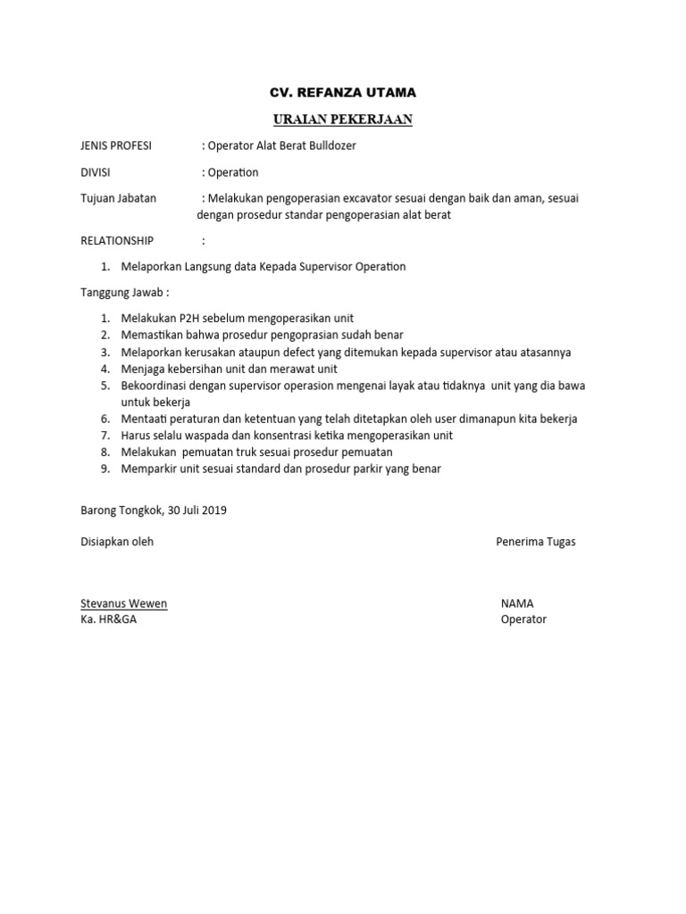 Uraian Tugas Operator Alat Berat Excavator | PDF