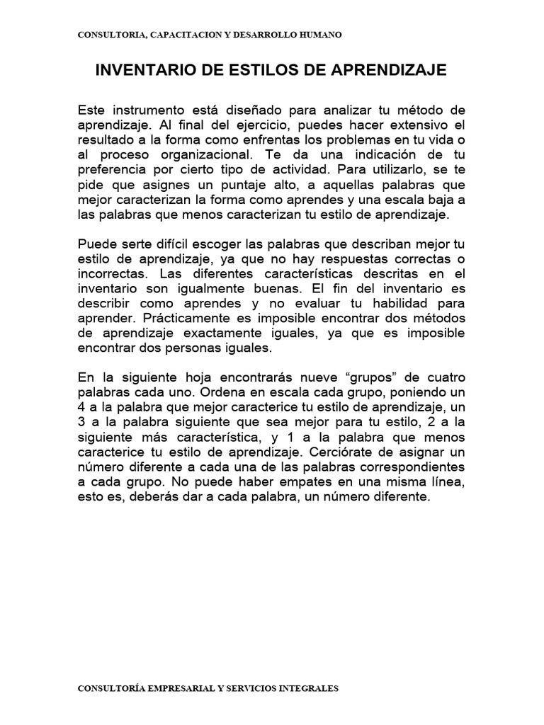 Inventario de Estilos de Aprendizaje | PDF | Aprendizaje | Aprendiendo estilos