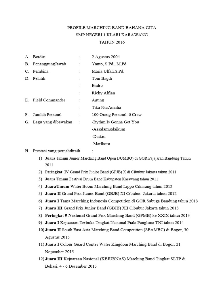 PROFILE MARCHING BAND BAHANA GITA New | PDF
