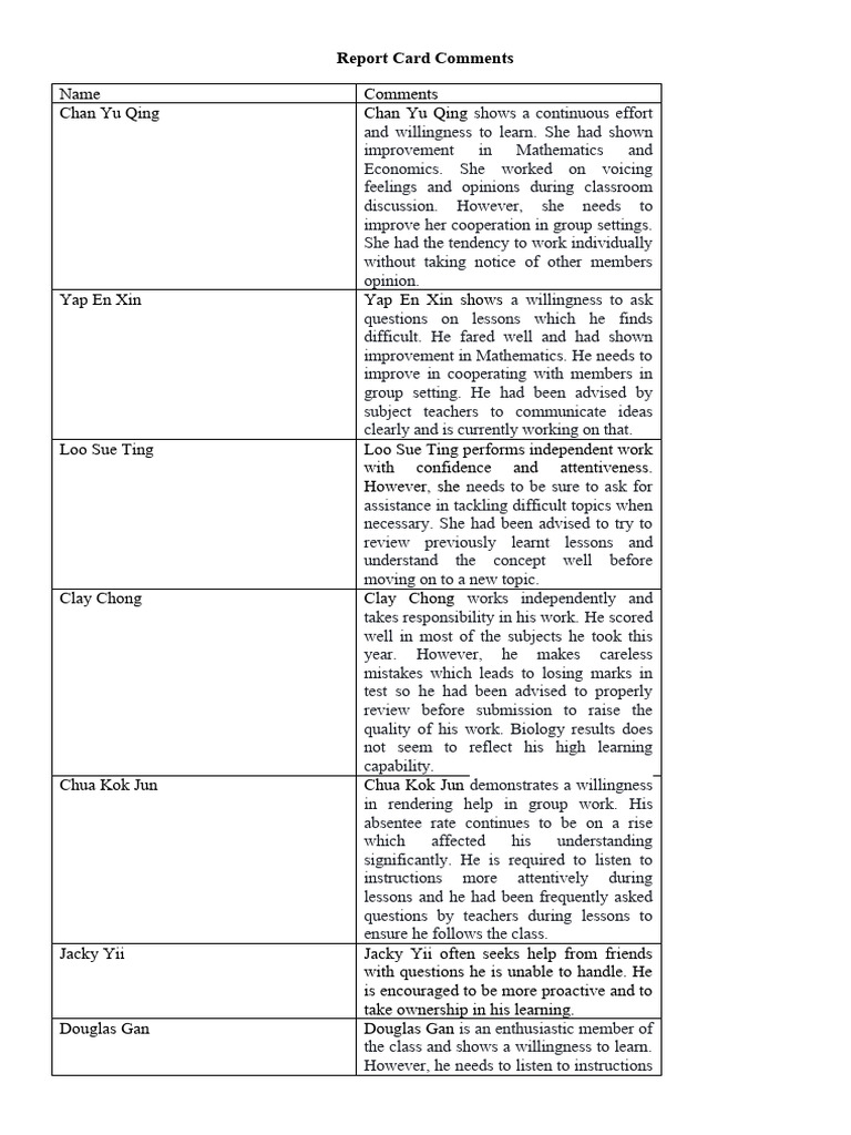 2023 - Grade - 9 - Report - Card - Comments - Q3 - Revised | PDF ...