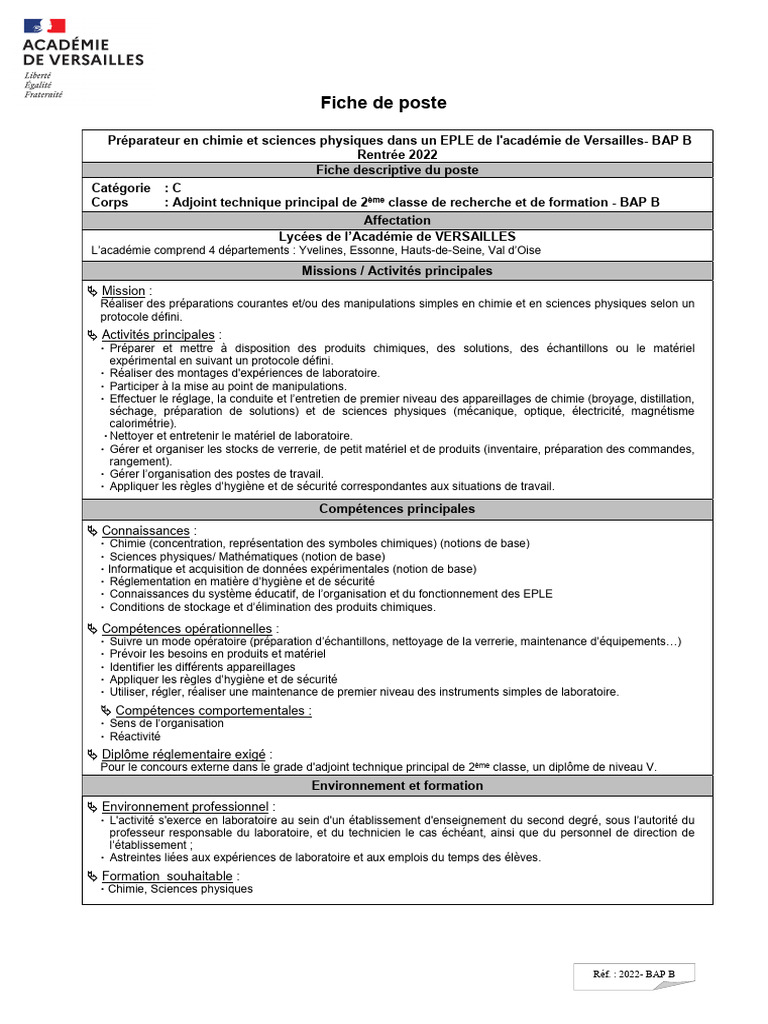 Fiche de Poste - Atrf Bap B Interne - Acad Mie de Versailles - Session 2022 32076 | PDF
