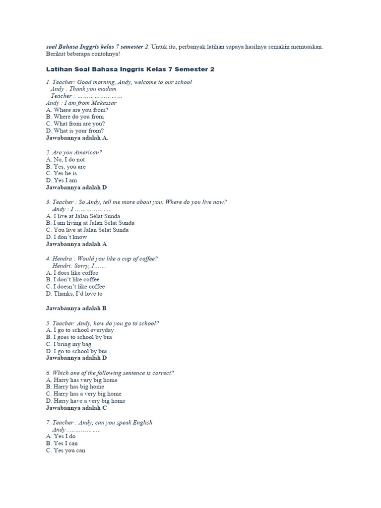 Soal Bahasa Inggris Kelas 7 Semester 2 | PDF | Sports & Recreation | Foreign Language Studies