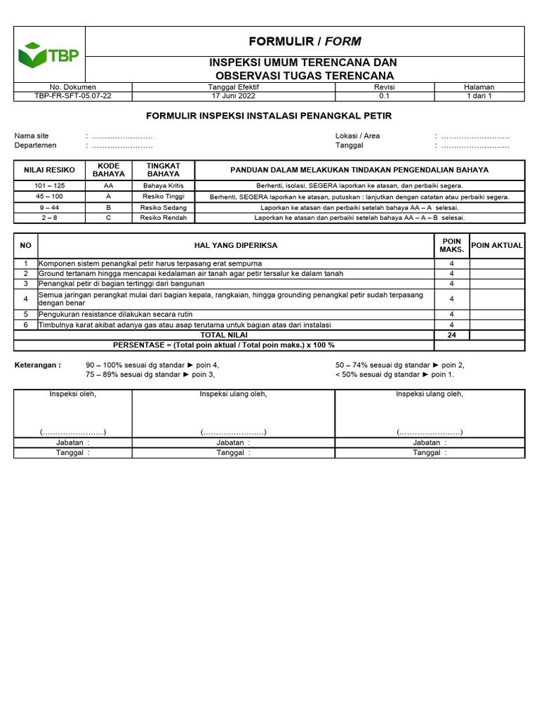 TBP-FR-SFT-05.07-22 Form Inspeksi Umum Terencana Instalasi Penangkal Petir - R0.1 | PDF