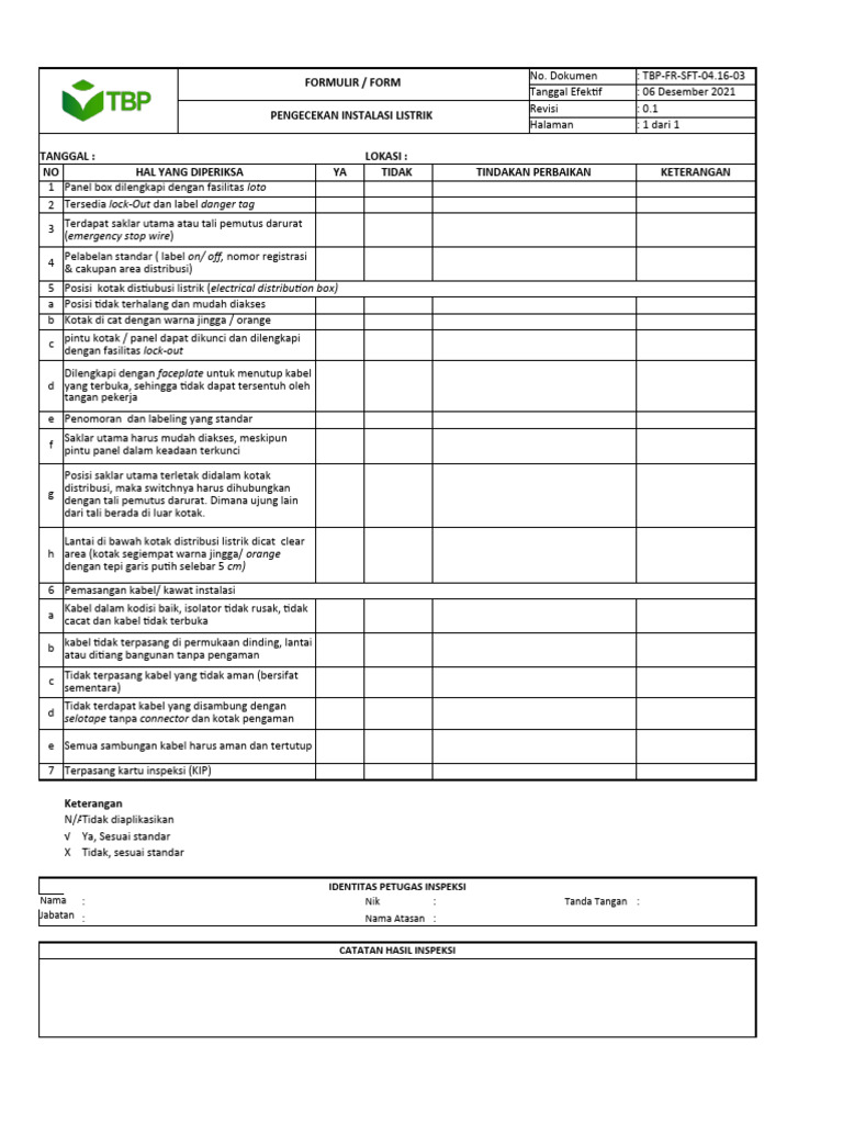 Form Inspeksi Instalasi Listrik | PDF